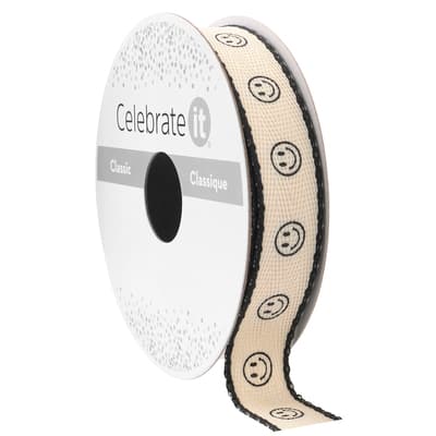 5/8" x 7yd. Black Smiley Face Faux Linen Ribbon by Celebrate It ...