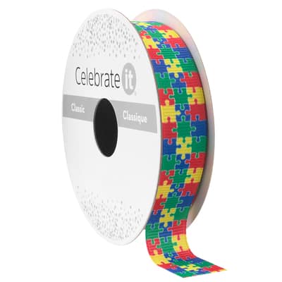 5/8" x 7yd. Multicolor Puzzle Pieces Grosgrain Ribbon by Celebrate It ...