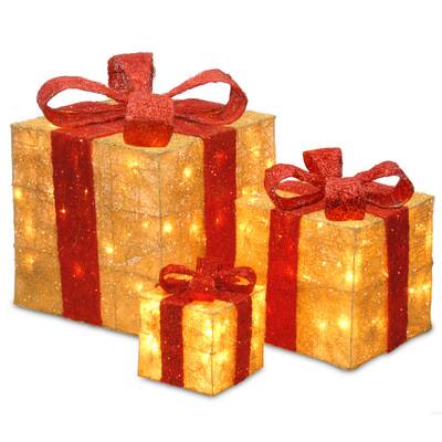 Set of 3 Gold Gift Boxes, Clear Lights | Michaels