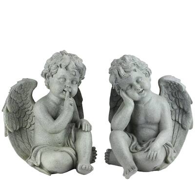 12.5" Distressed Gainsboro Gray Sitting Cherub Angels Outdoor Garden ...