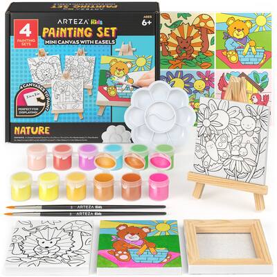 Arteza® Kids Canvas Paint Kit, 4 Mini Canvas- 3 x 3 with Easel, Nature ...