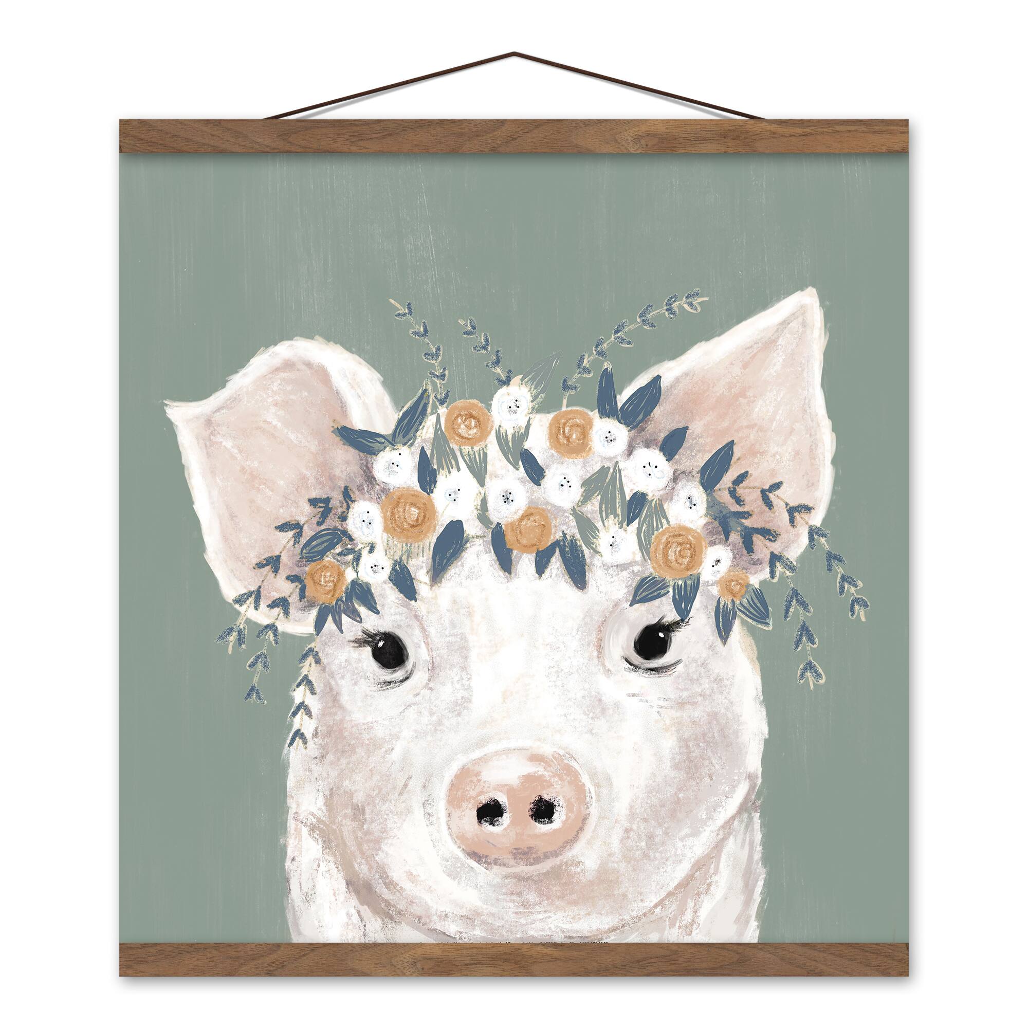 Pig With Flowers 16" x 16" Teak Hanging Canvas | Michaels