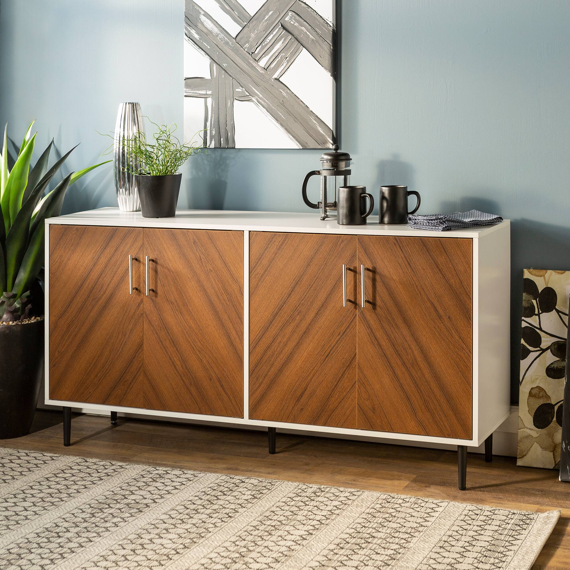 Walker Edison 58" Teak Bookmatch & White Mid Century Modern TV Buffet ...