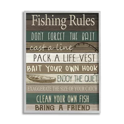 Stupell Industries Rustic Fishing Rules Sign Brown Green Beige Framed ...