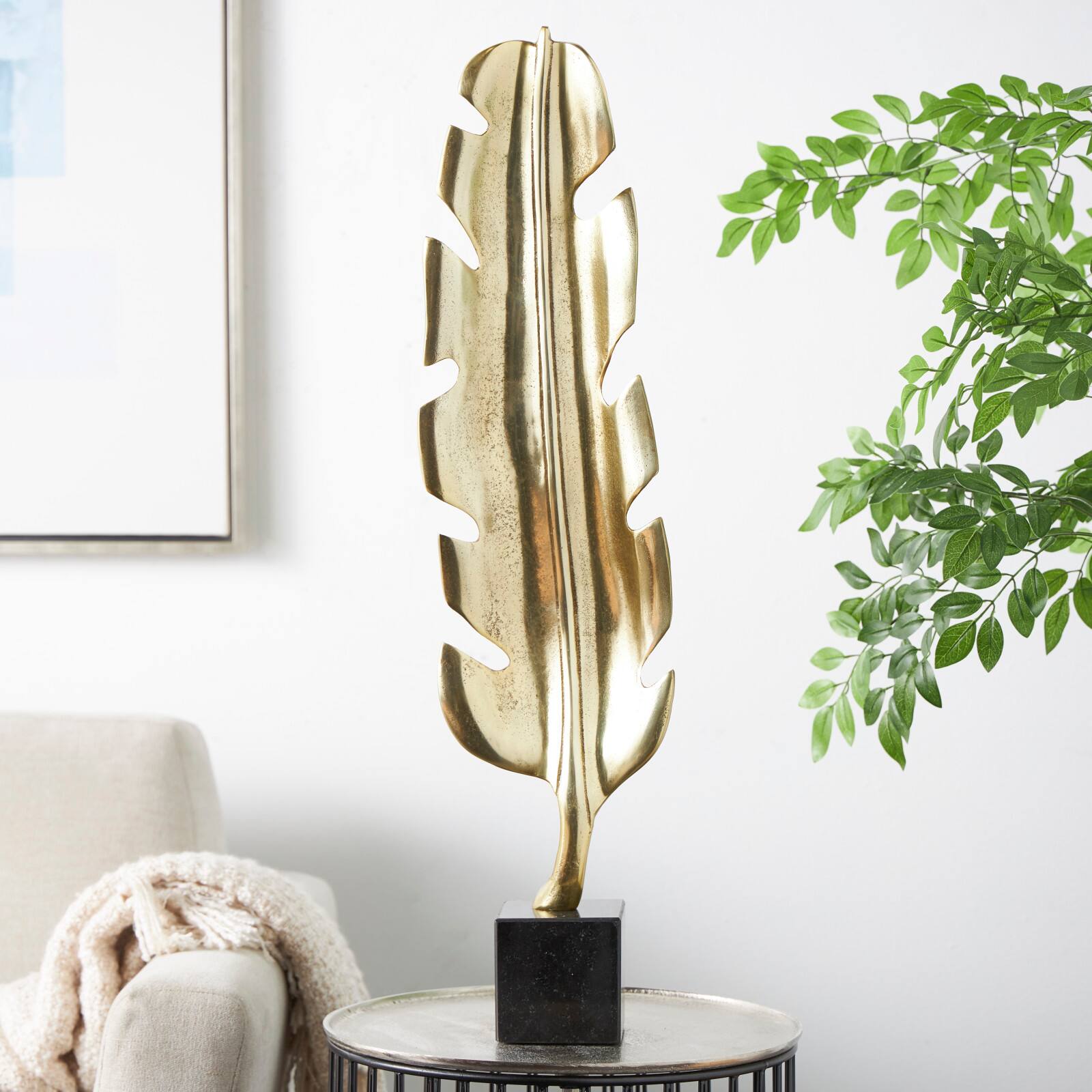 33" Gold Aluminum Bird Feather Sculpture with Black Marble Base | Michaels