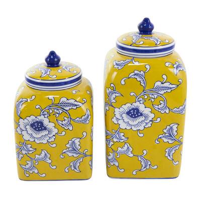 Yellow & Blue Ceramic Floral Decorative Jar Set | Michaels