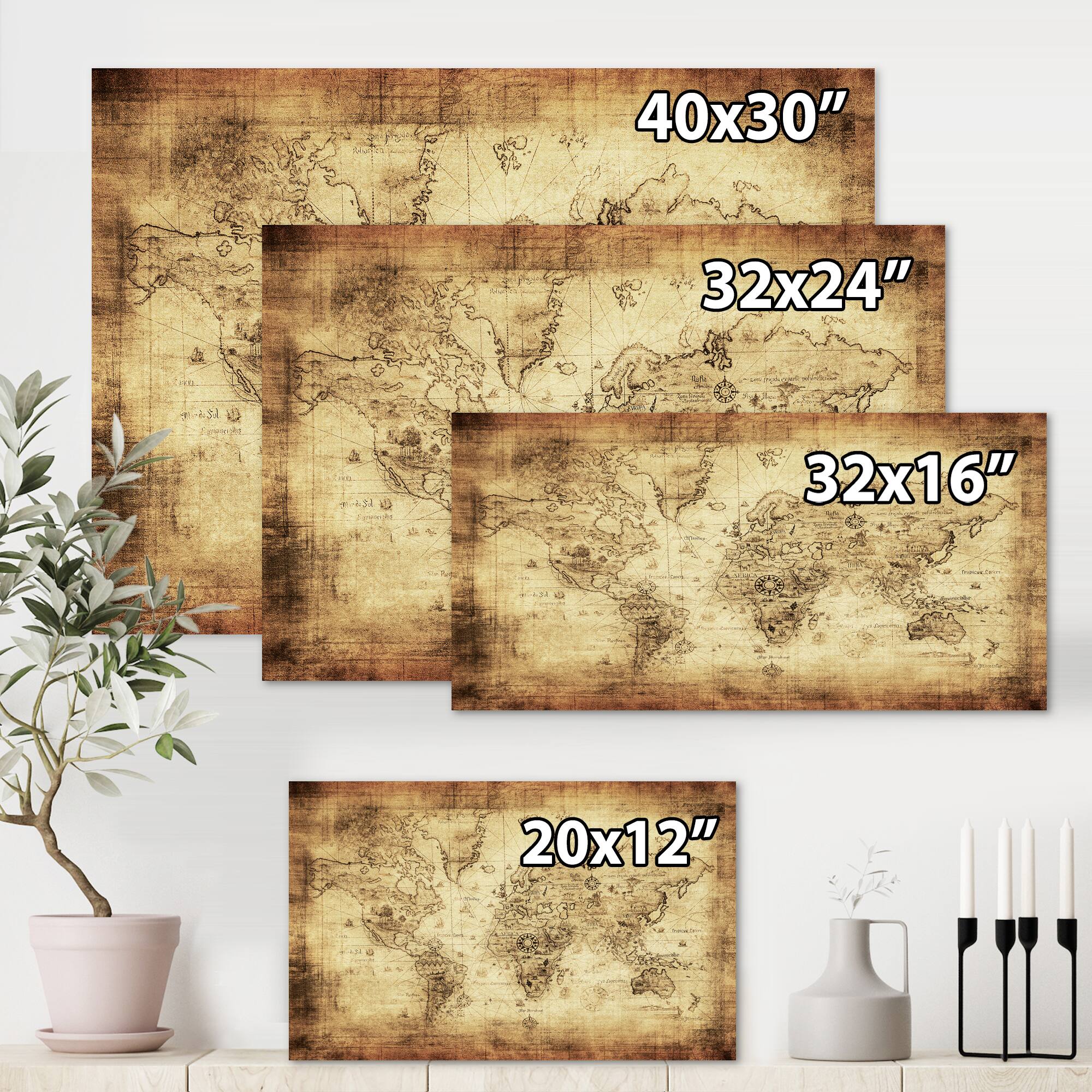 Designart - Ancient Map of The World IV - Vintage Canvas Wall Art Print ...