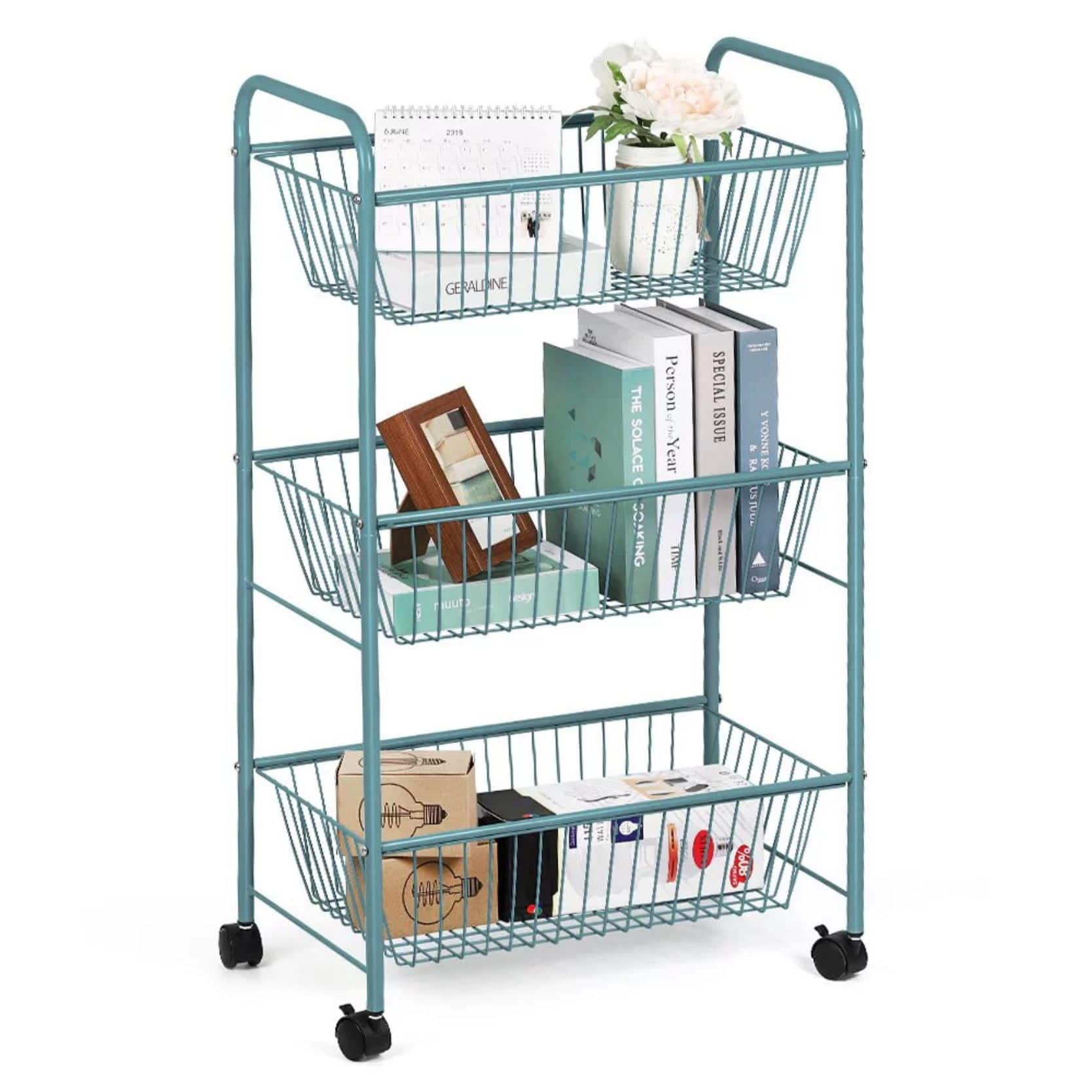 NEX™ Blue Large 3-Tier Rolling Basket Stand with Shelves & Wheels ...