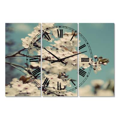 Designart White Spring Blossom Oversized Cottage 3 Panel Wall Clock ...