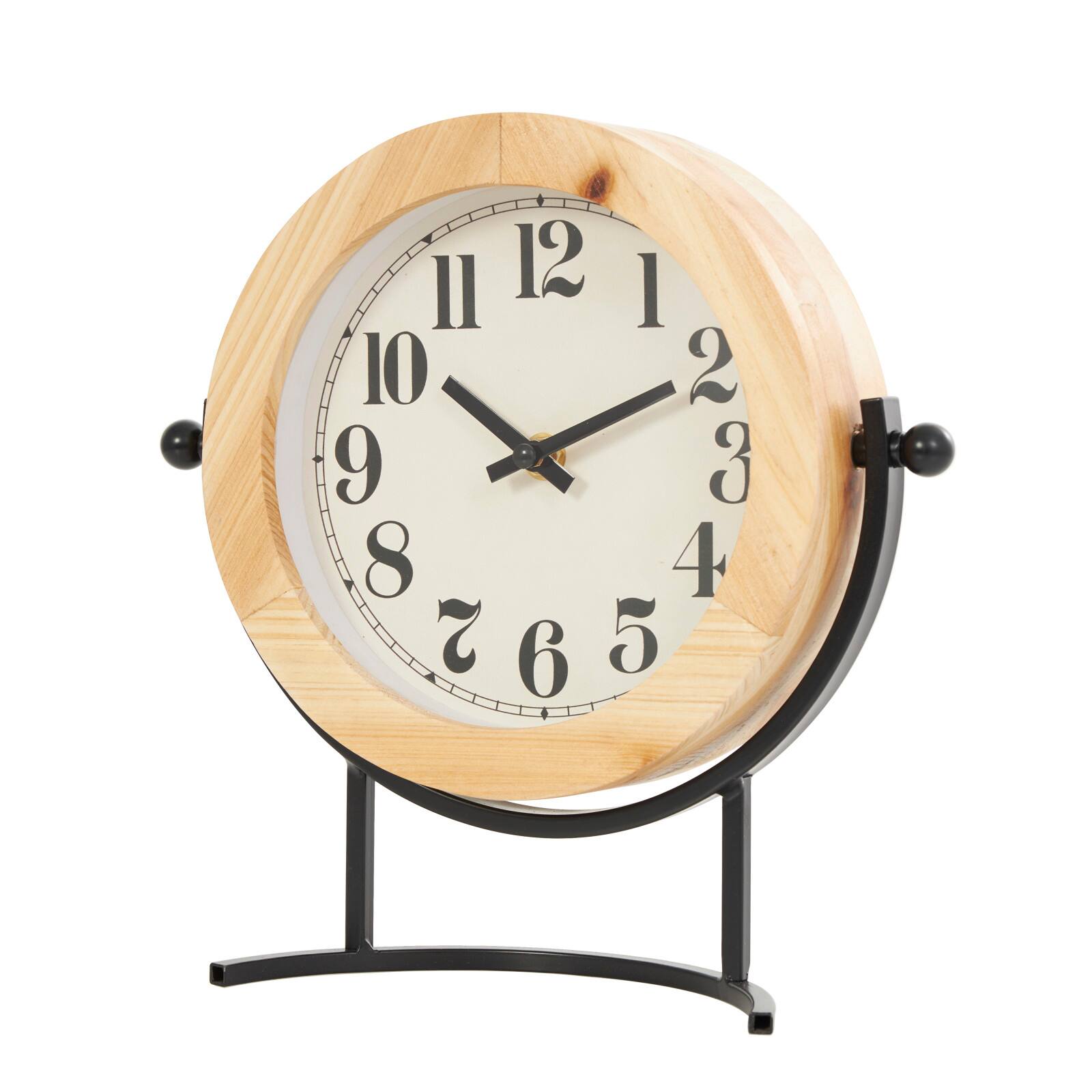 10" Light Brown Wood Clock with Curved Black Metal Stand & Ball Details ...