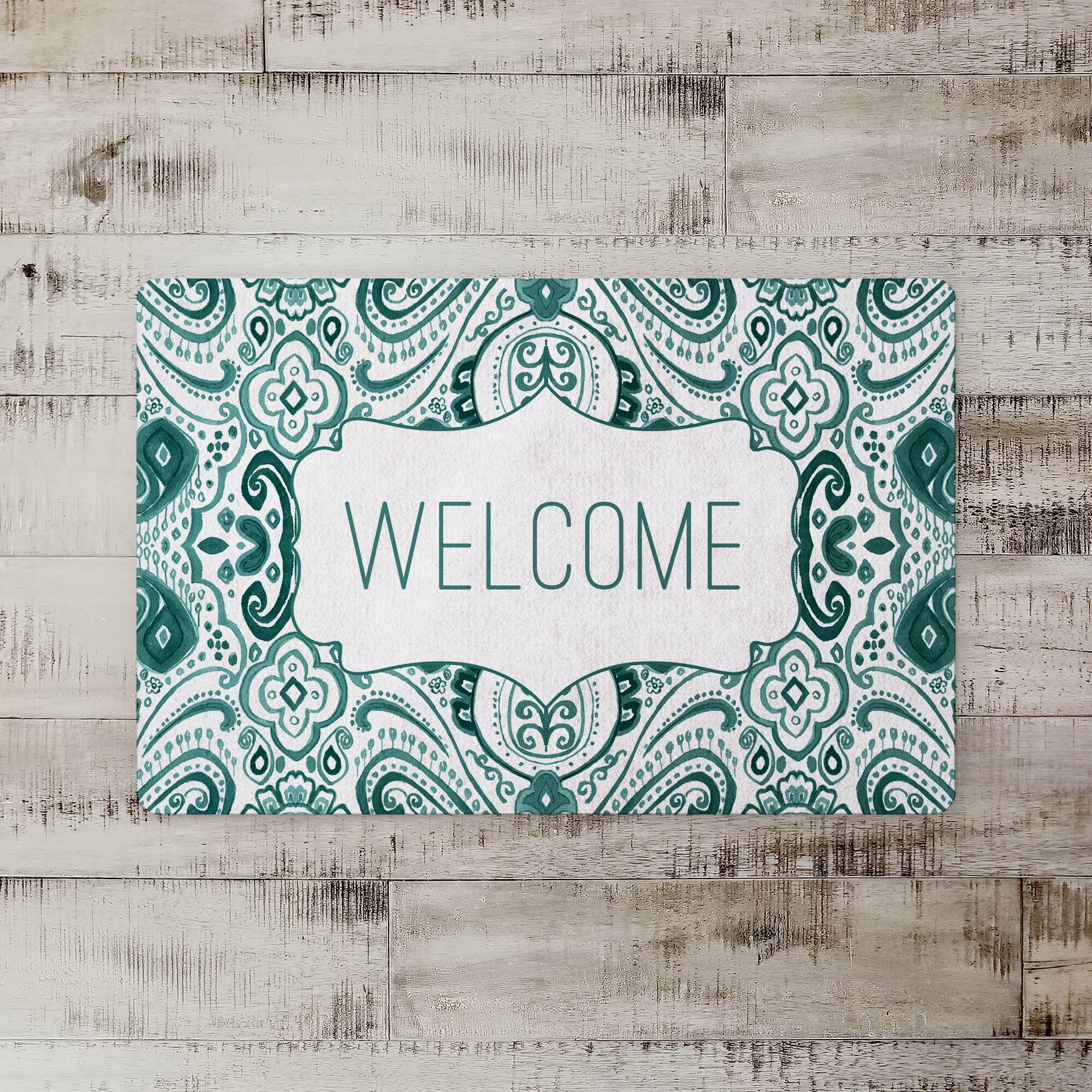 Green and White Welcome Floor Mat | Michaels