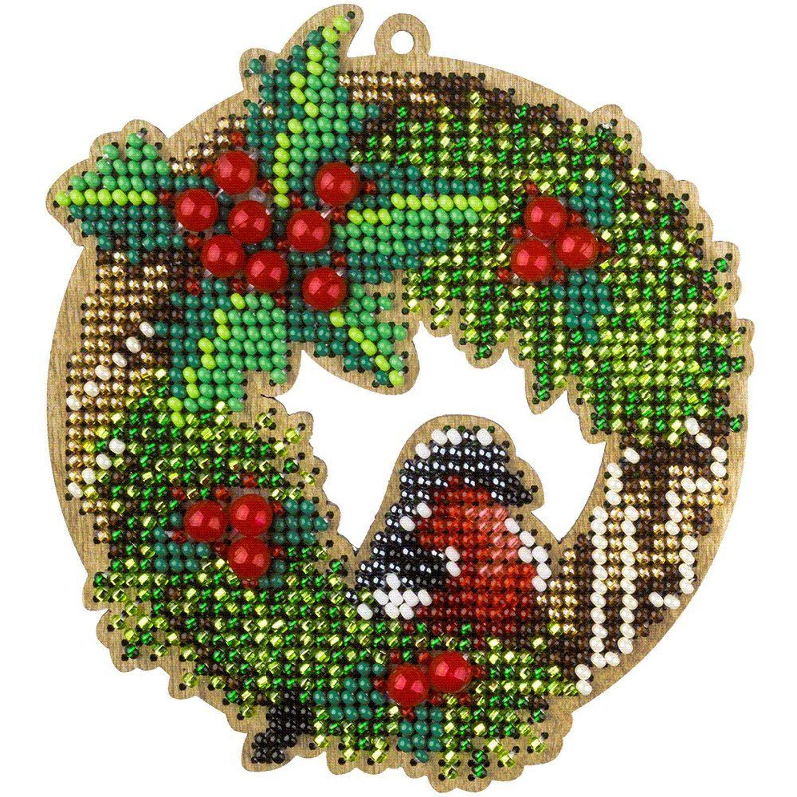 Wonderland Crafts Holly Wreath Ornament Bead Embroidery on Wood Kit ...