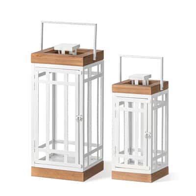 Glitzhome® White Modern Square Metal & Wood Lanterns Set | Michaels