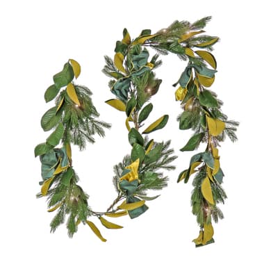 9" Christmas Magnolia Mix Pine Garland with Fabric Bow, Warm White LED ...