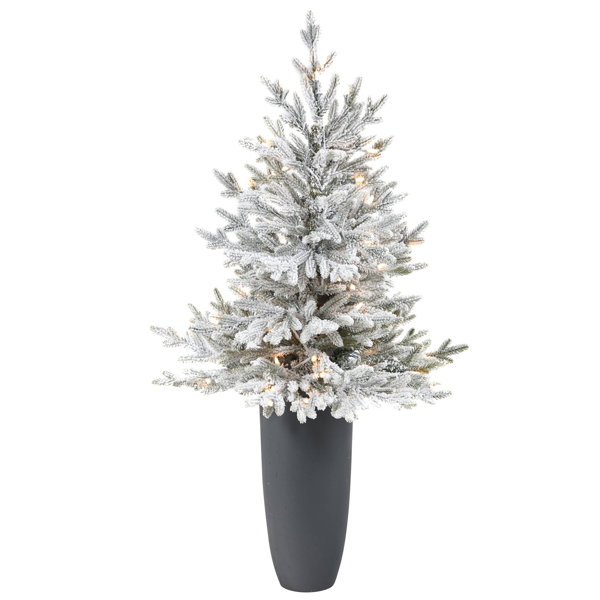 4ft. Pre-Lit Flocked Fraser Fir Artificial Christmas Tree in Gray Planter, Warm White Lights ...