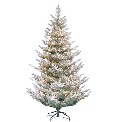 7.5ft. Pre-Lit Flocked Hillside Spruce Artificial Christmas Tree, Clear ...