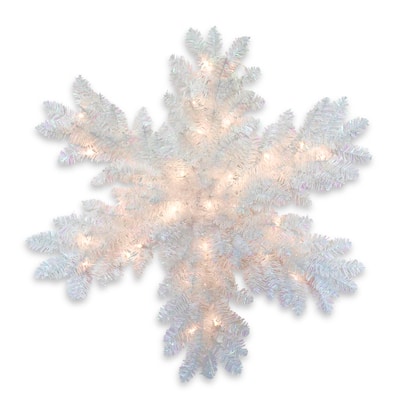 32" Pre-Lit White Iridescent Tinsel Snowflake, Warm White LED Lights ...