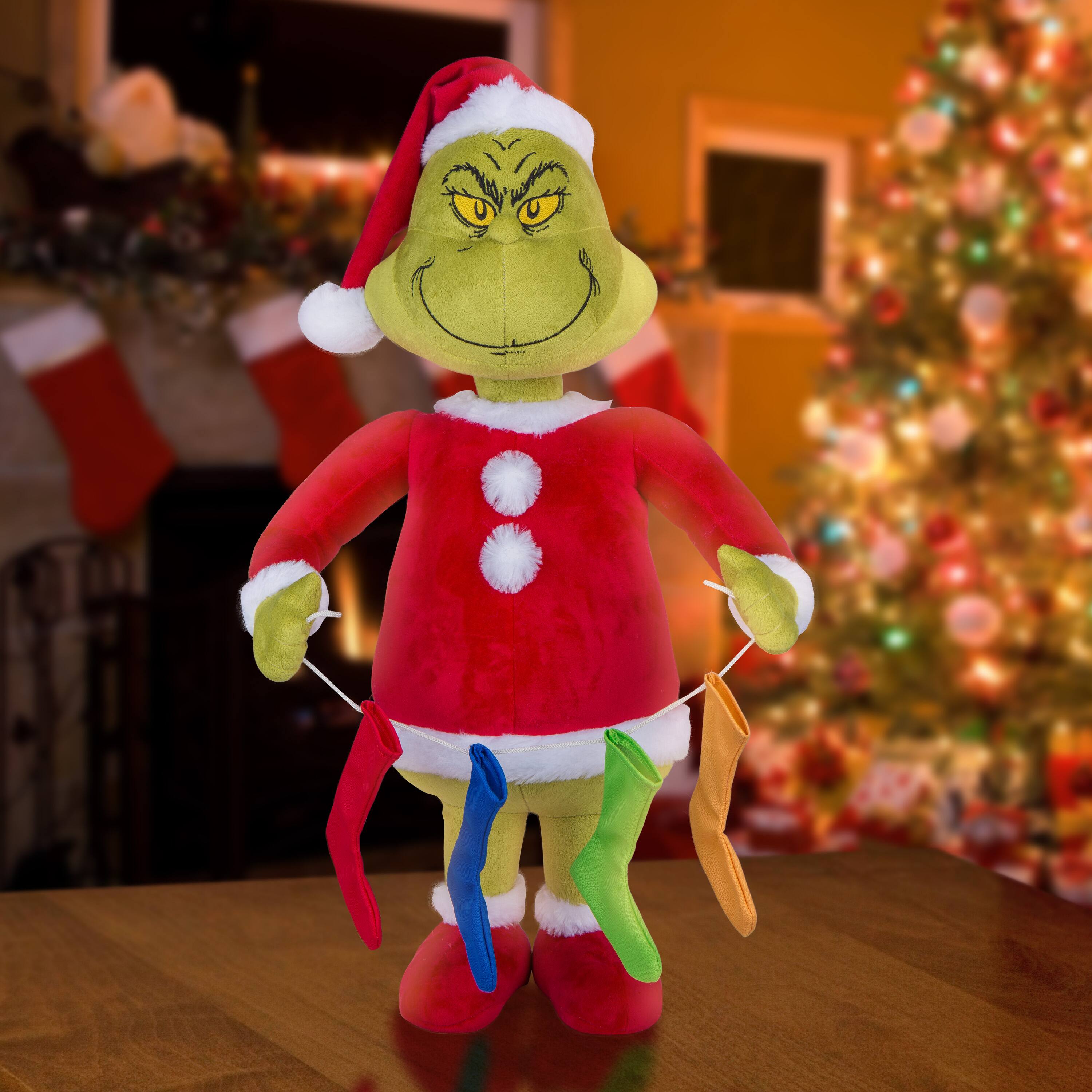 20" Holiday Greeter Grinch with String of Stockings | Christmas ...