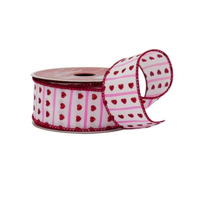 1.5" x 30ft. Pink Stripes & Red Hearts Wired Ribbon by Celebrate It ...