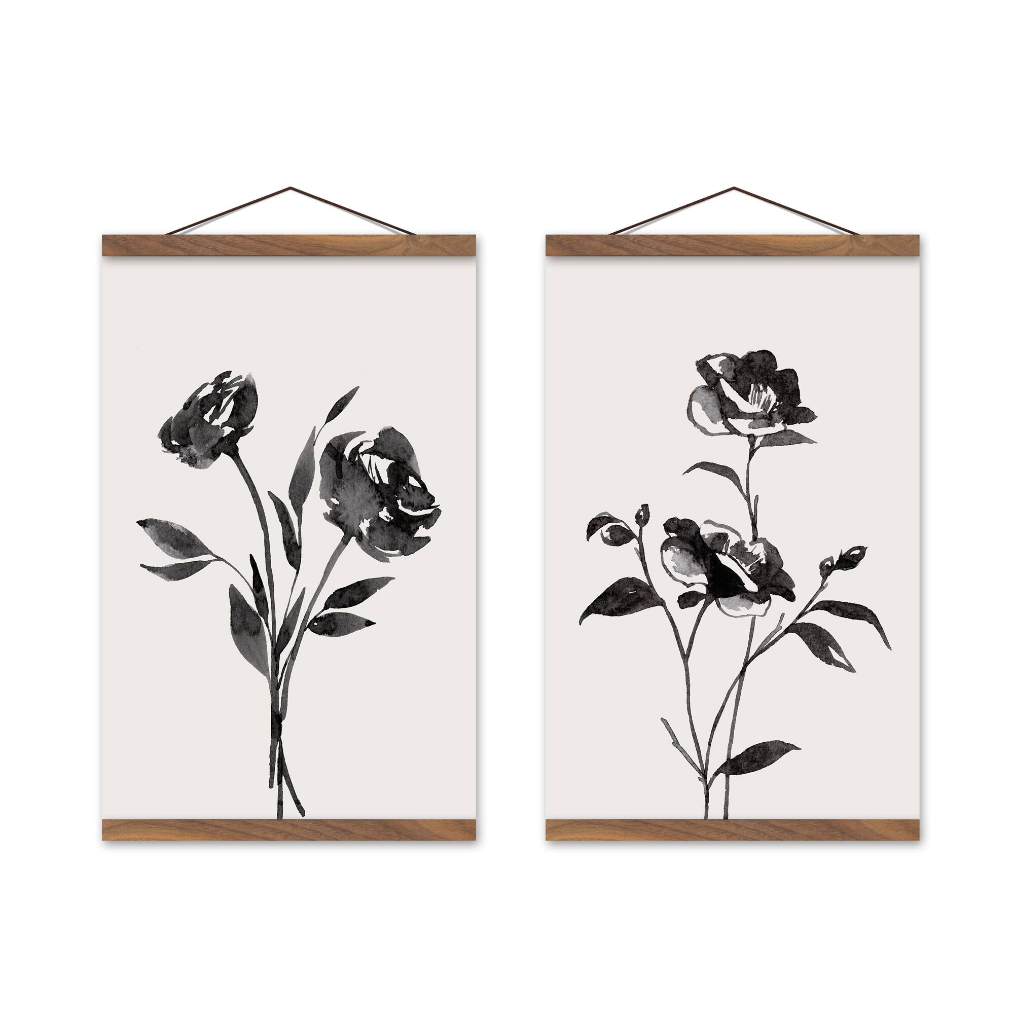 Inky Budded Roses 12" x 18" Teak Hanging Canvas - Set of 2 | Michaels
