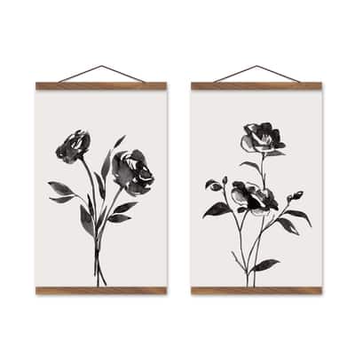 Inky Budded Roses 12" x 18" Teak Hanging Canvas - Set of 2 | Michaels