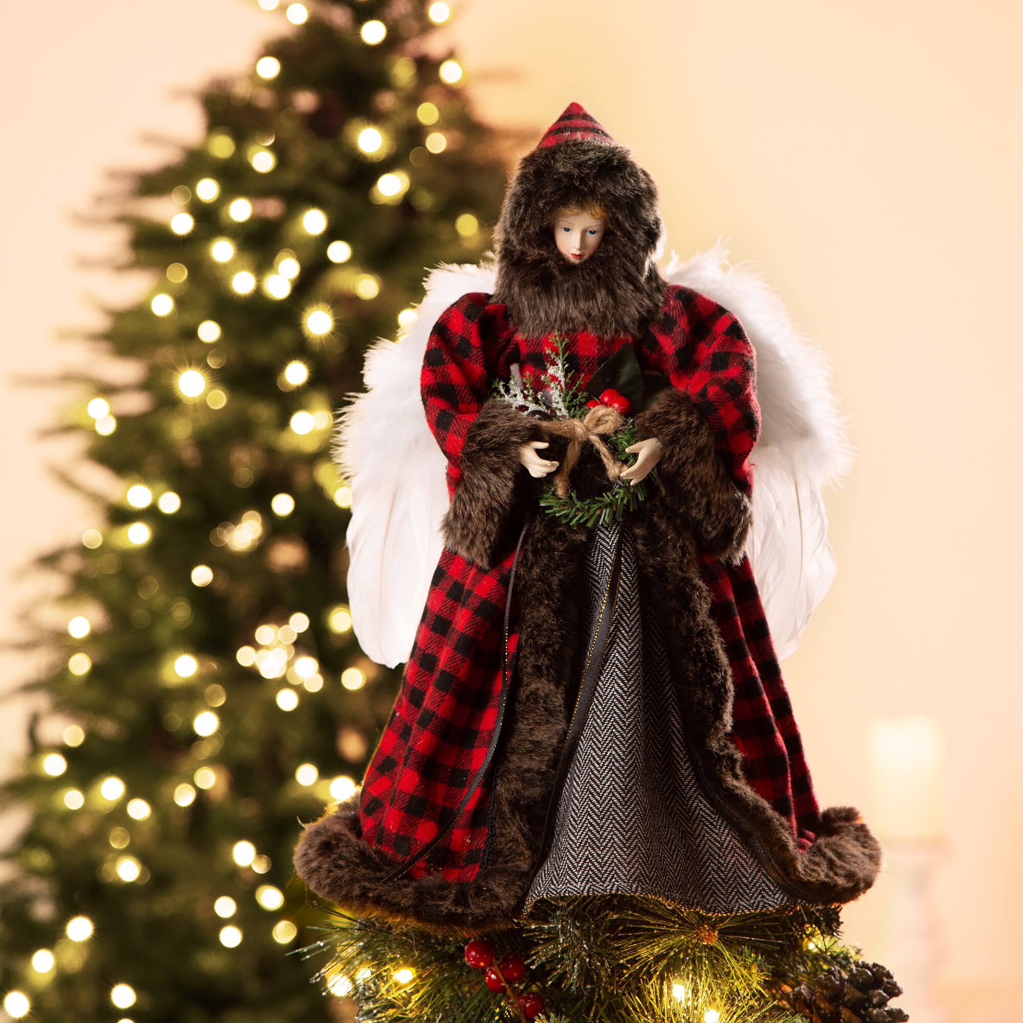 Glitzhome® 16" Red Plaid Faux Fur Angel Tree Topper | Pre-Lit Tree ...