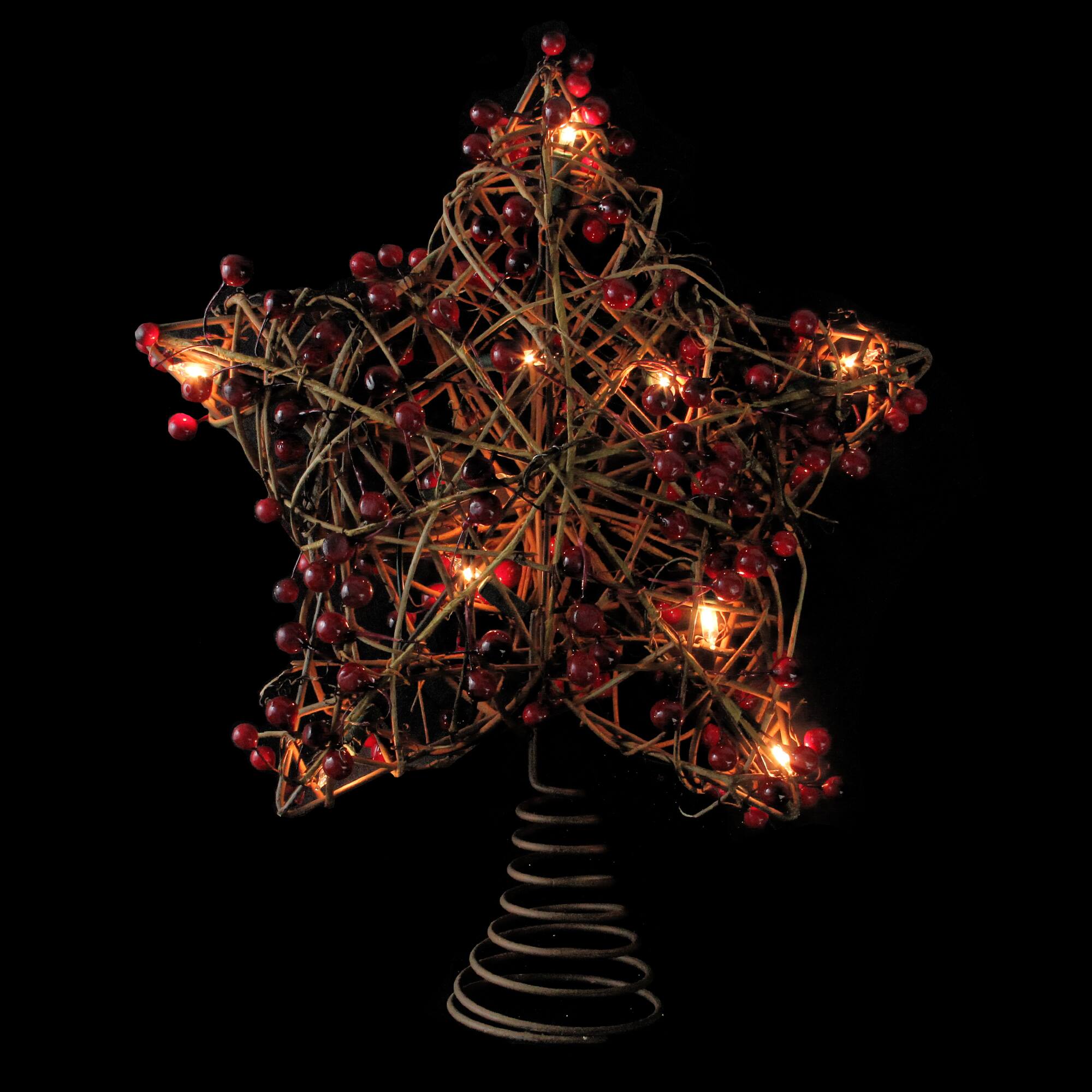 13.5" Brown Rattan With Red Berries Star Christmas Tree Topper, Clear ...