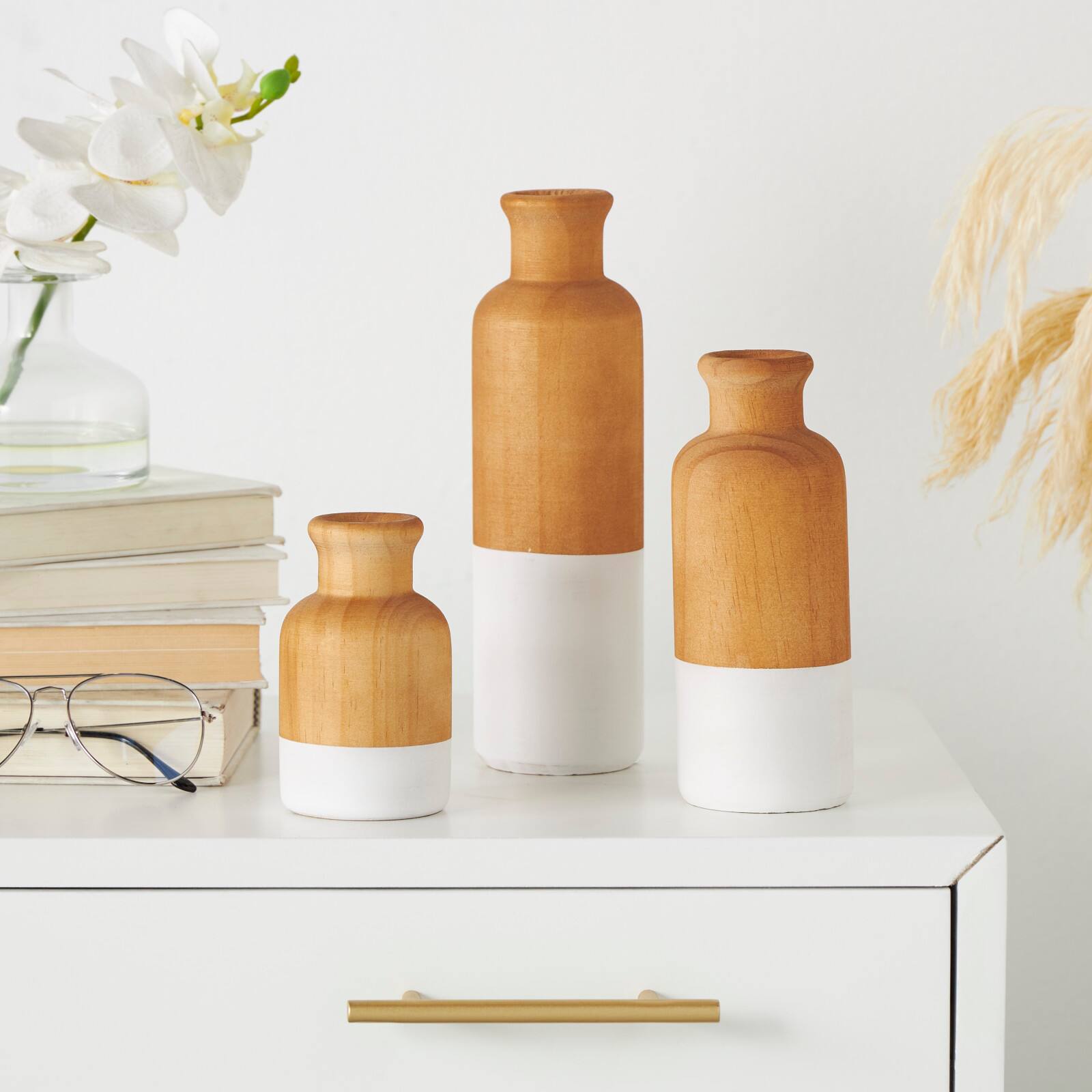 Brown Wood Colorblock Vase with White Bases Set | Michaels