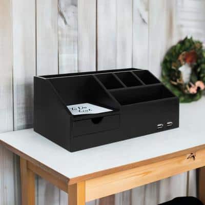 American Art Décor™ Black Wood All-in-One USB Charging Desk Organizer ...