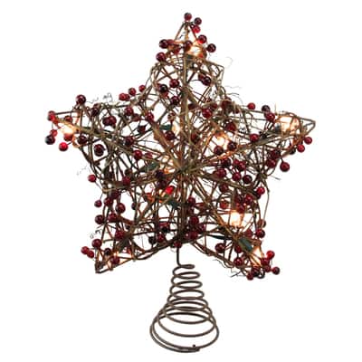 13.5" Brown Rattan With Red Berries Star Christmas Tree Topper, Clear ...
