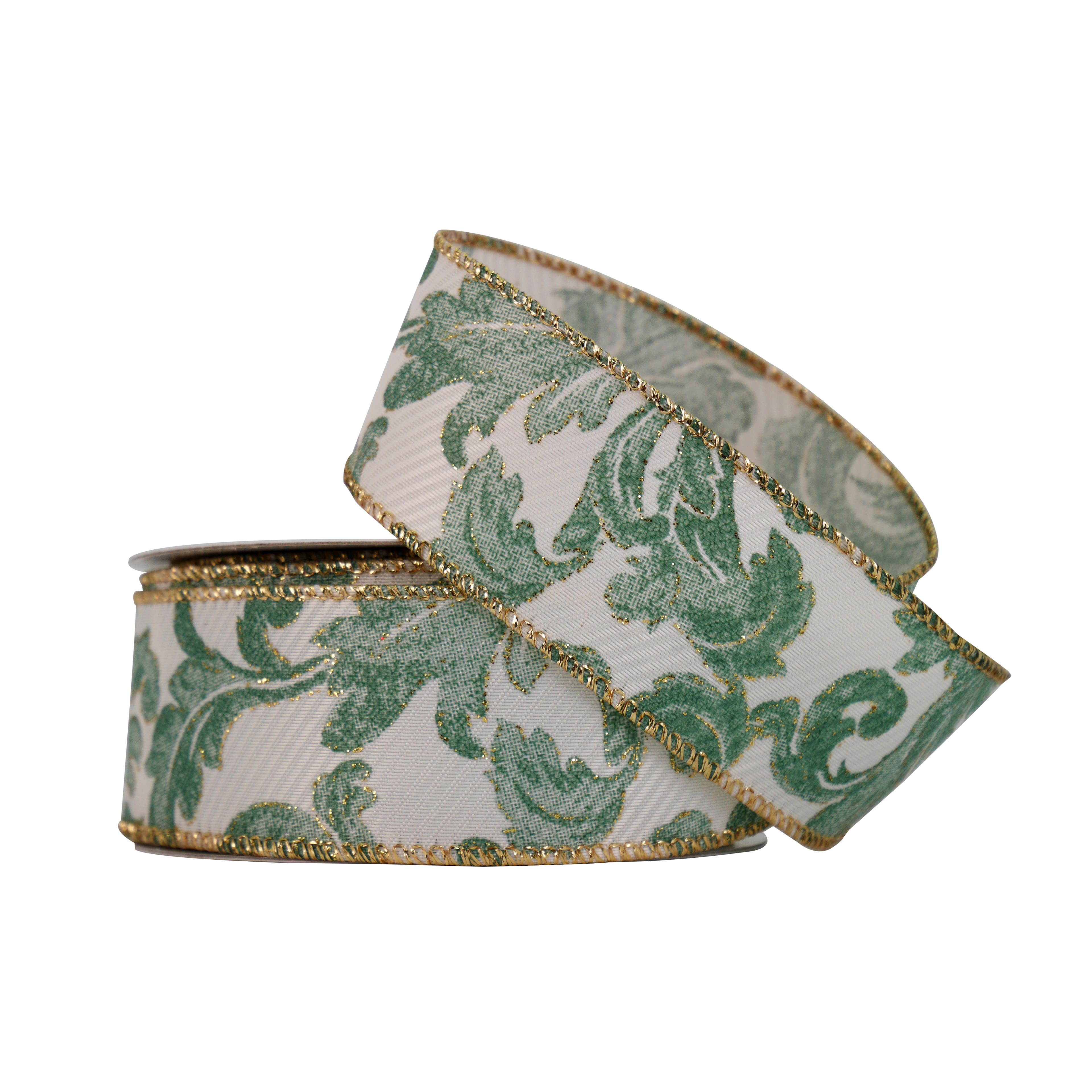 1.5" x 30ft. Sage & Gold Wired Damask Twill Ribbon by Celebrate It ...