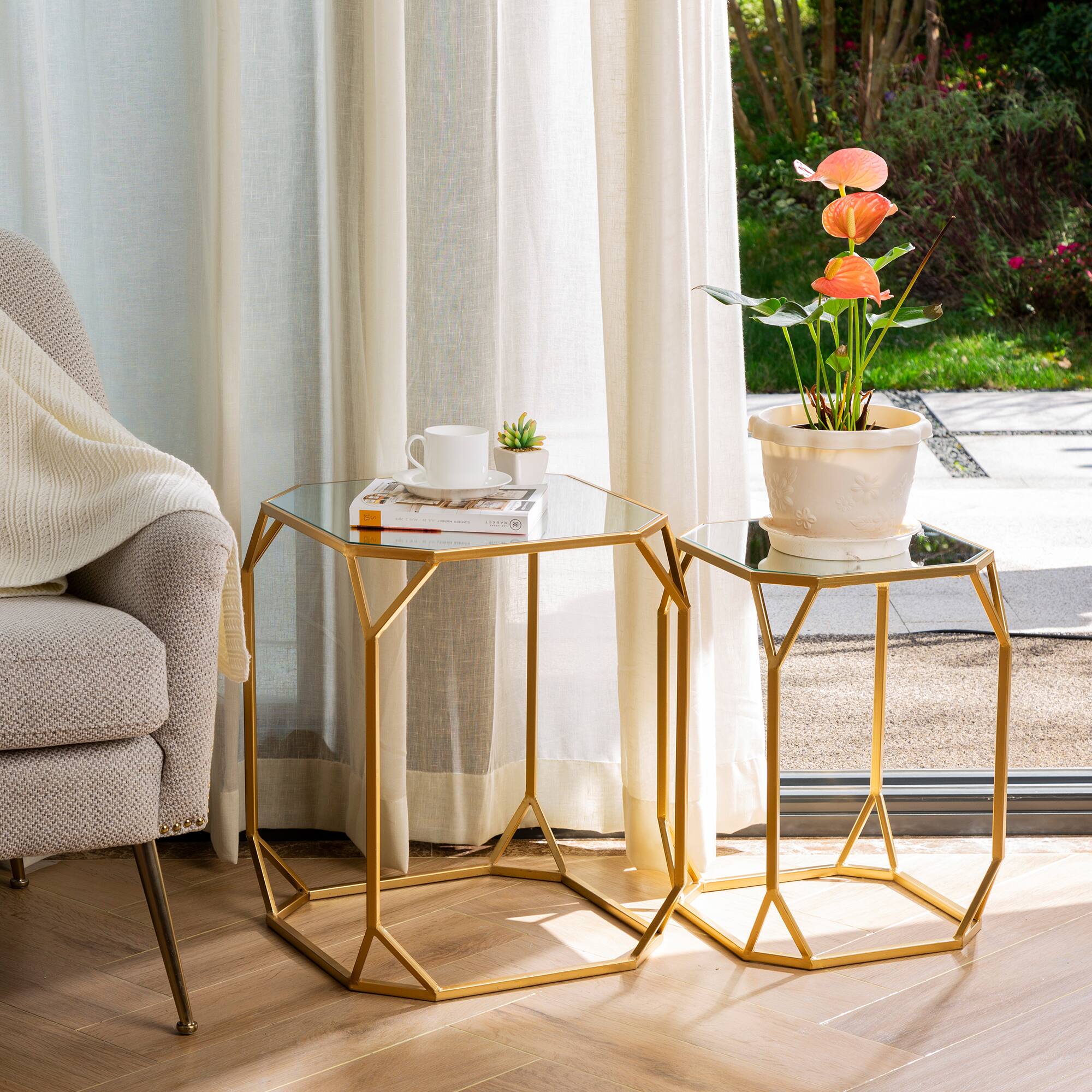 Glitzhome® Gold Metal Square Accent Table with Glass Top Set | Accent ...