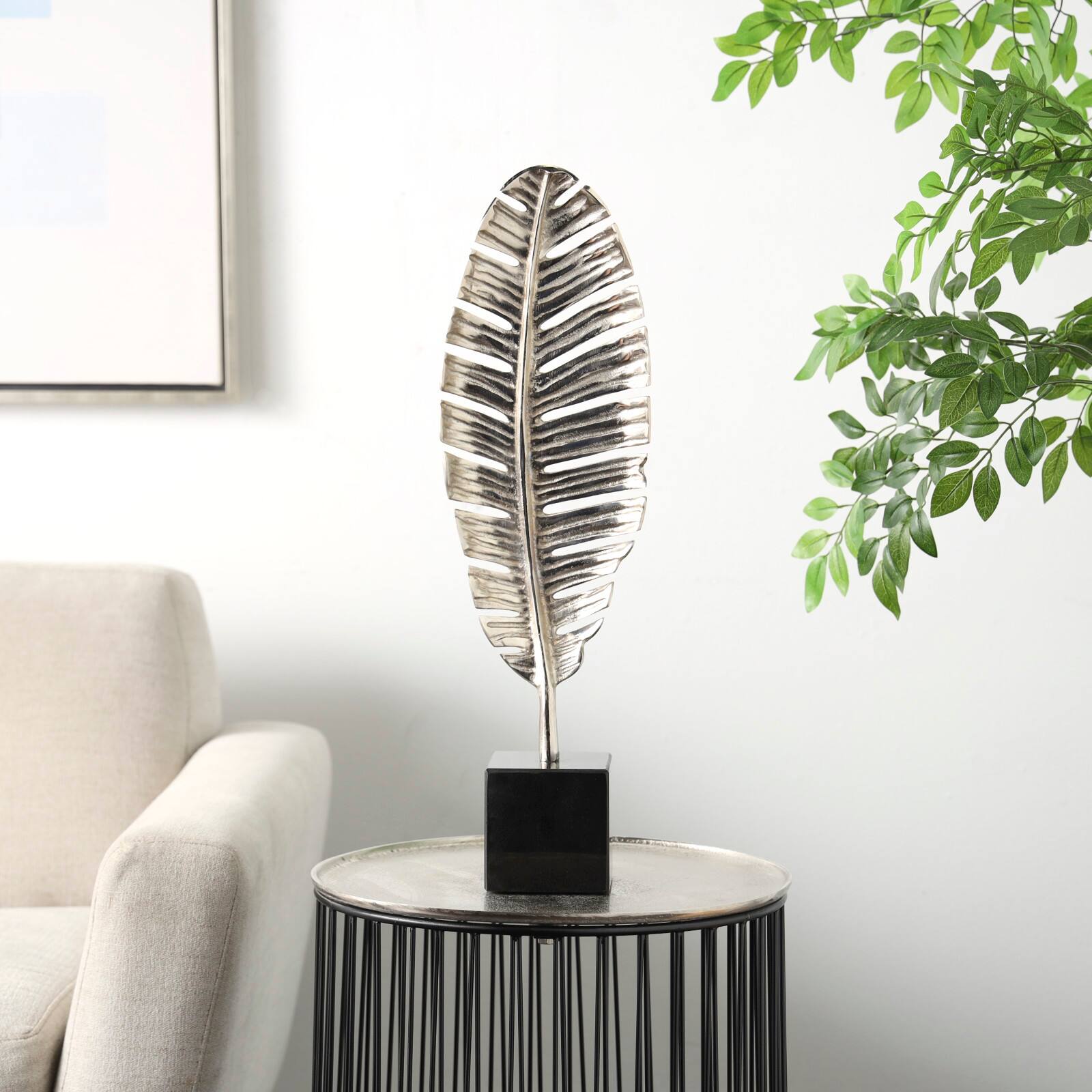 24" Silver Aluminum Leaf Standing Sculpture with Black Marble Base ...