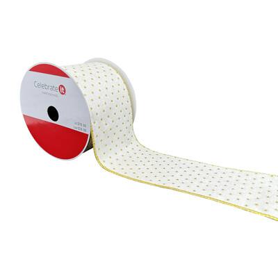 3.5" x 15ft. White Velvet Wired Gold Dots Ribbon by Celebrate It ...