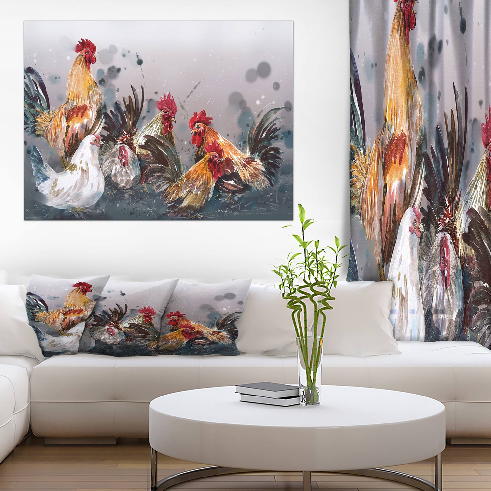 Designart - Group of Rooster in Gray Farm background - Farmhouse Animal ...