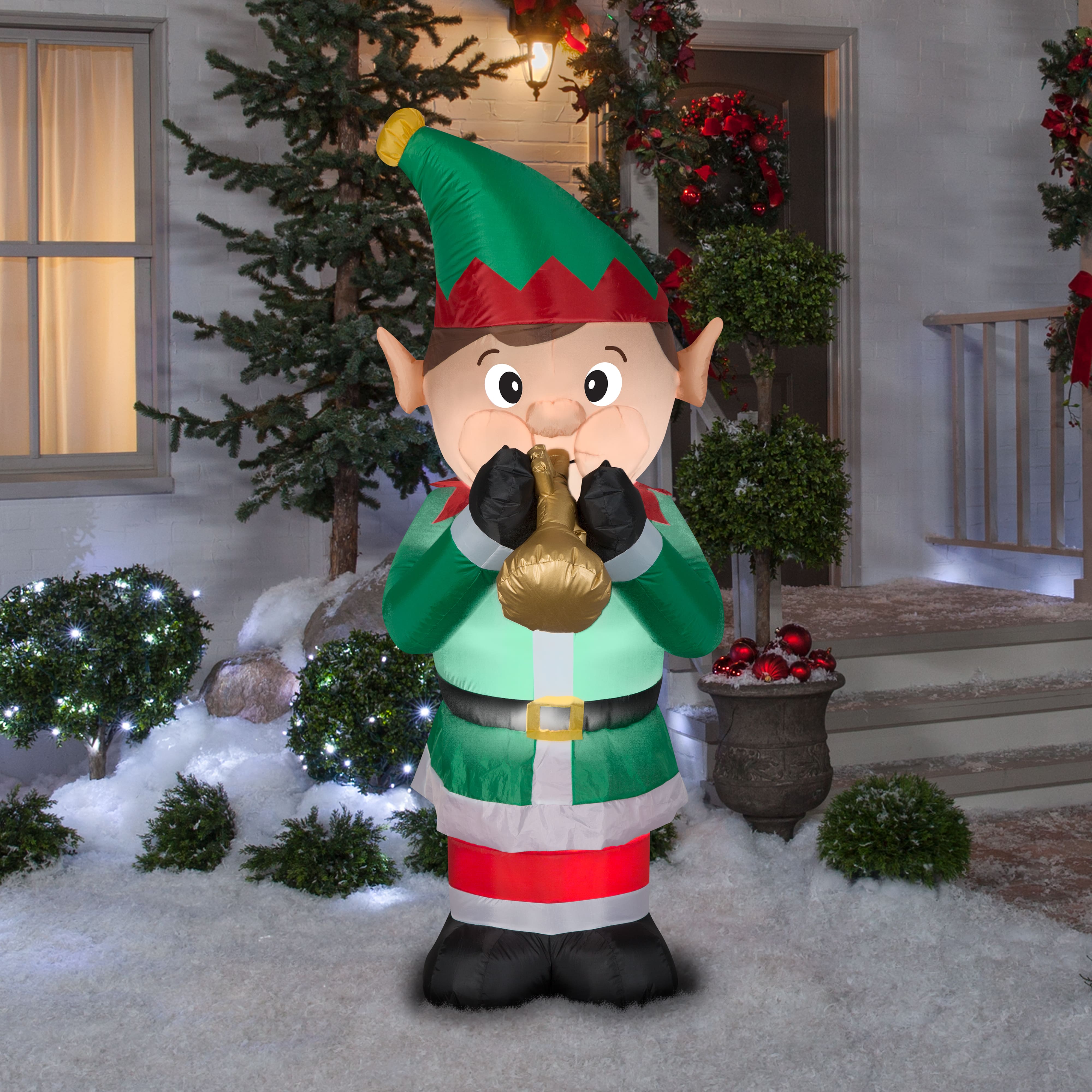 6ft. Animated Airblown® Inflatable Mixed Media Elf Playing Trumpet ...