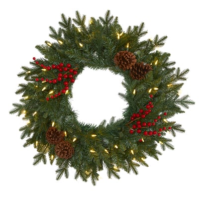 24" LED Green Pine Christmas Wreath with Berries & Pinecones | Michaels