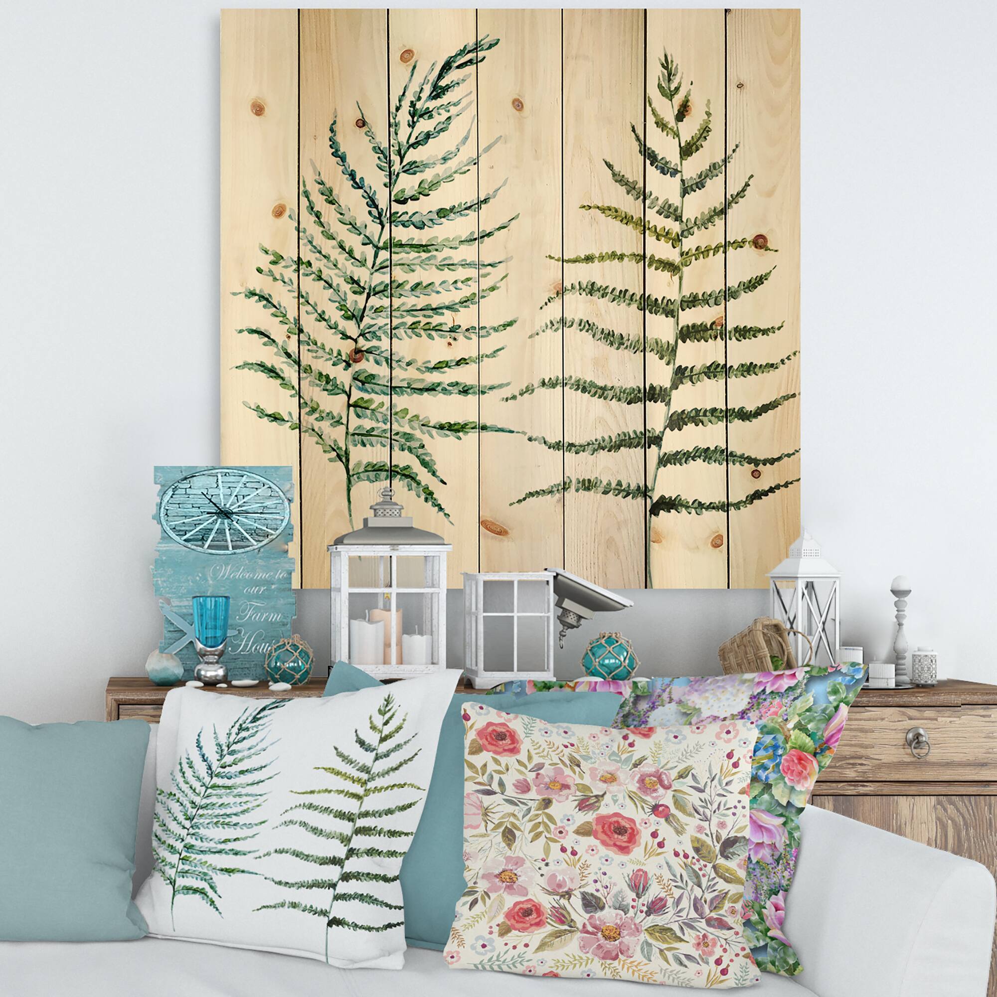 Designart - Two Fern Leaves - Farmhouse Print on Natural Pine Wood ...