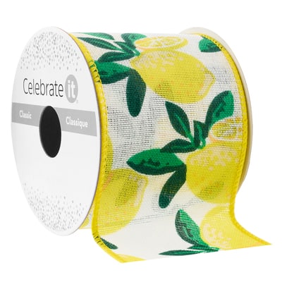2.5" x 3yd. Wired Yellow Lemon Faux Linen Ribbon by Celebrate It ...
