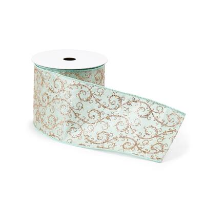 4" x 10yd. Ornate Blue & Gold Wired Glitter Vine Ribbon | Michaels