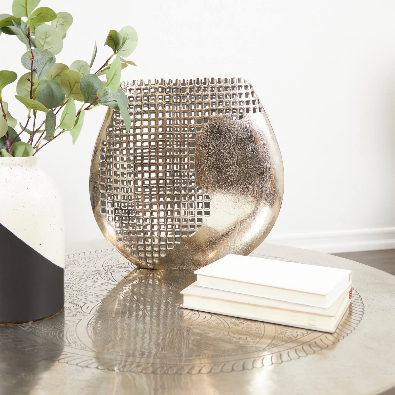 15" Dark Gray Aluminum Grid Inspired Abstract Vase with Open Frame ...