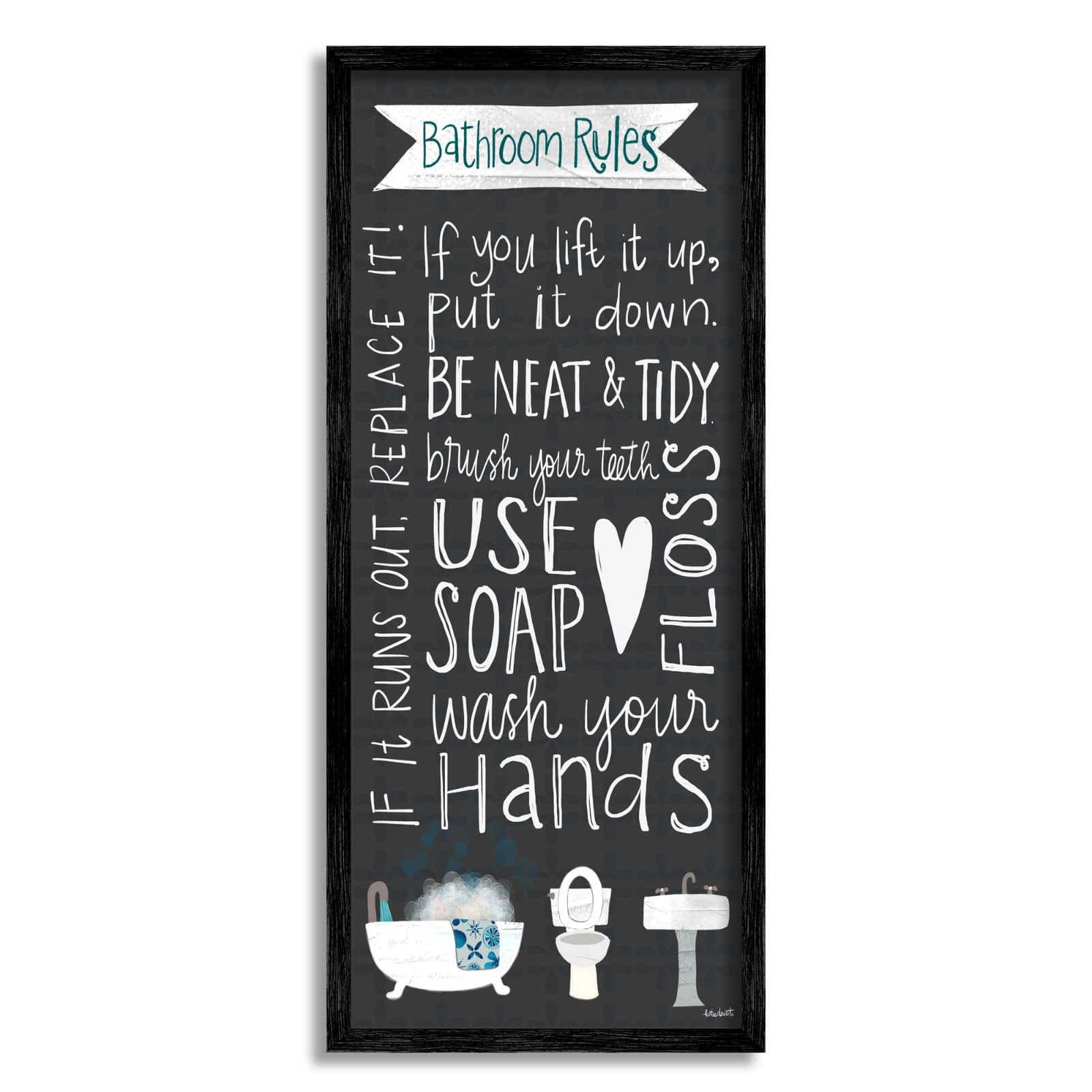 Stupell Industries Bathroom Rules Sign Whimsical Tub Toilet Sink Framed ...