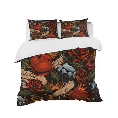 Designart 'Old school tattoo pattern' Floral Bedding Set - Duvet Cover ...