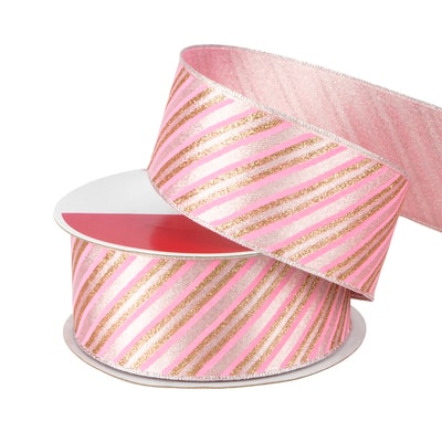 1.5" x 30ft. Blush & Gold Diagonal Stripes Wired Ribbon by Celebrate It ...