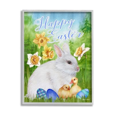 Stupell Industries Happy Easter Spring Bunny Rabbit Phrase Baby Chicks ...