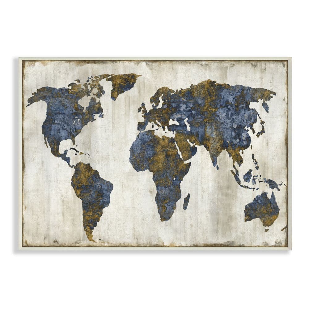 Stupell Industries Gold Blue World Map Design Wall Plaque | Wall Art ...