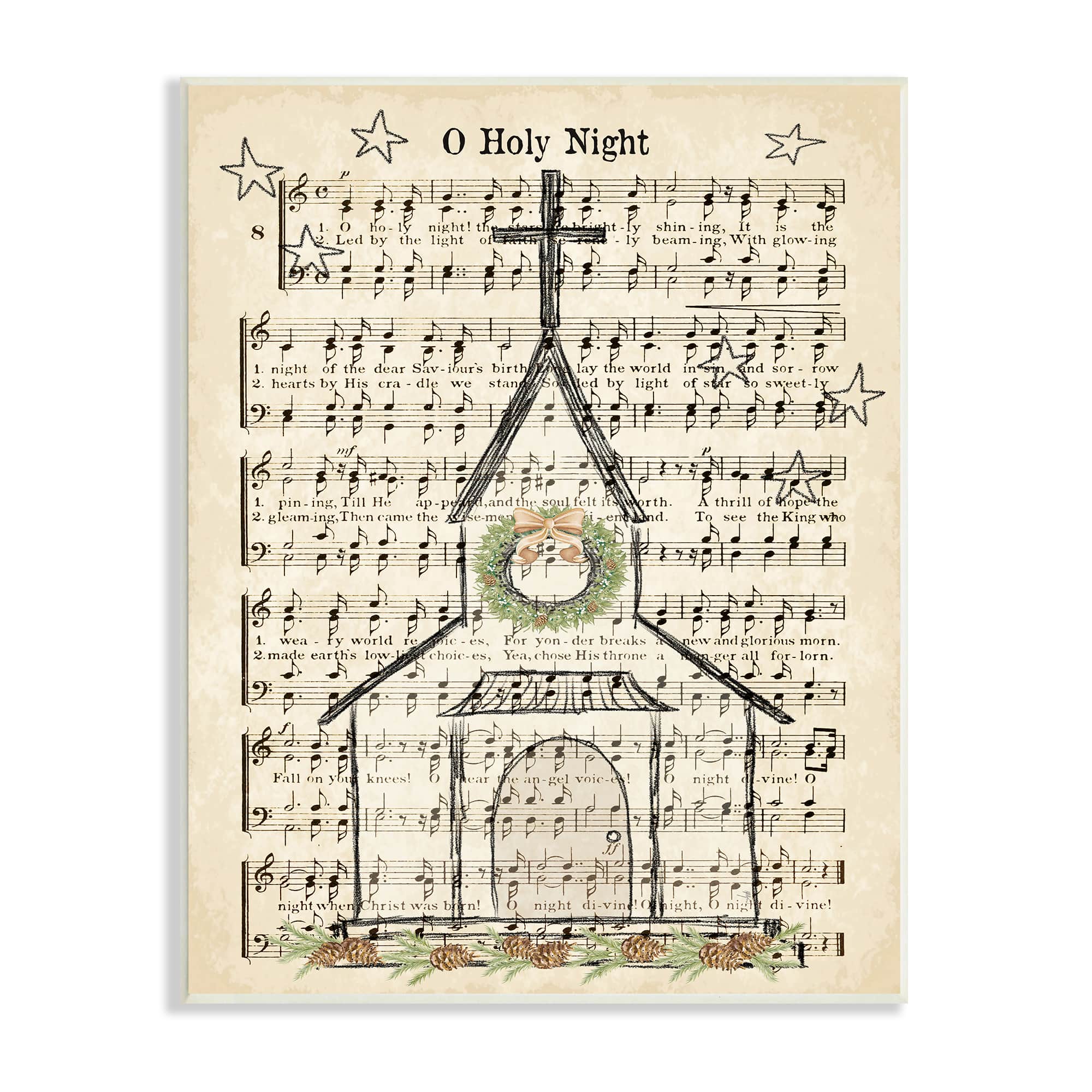 Stupell Industries Festive Winter Church Holy Night Musical Script Wall ...