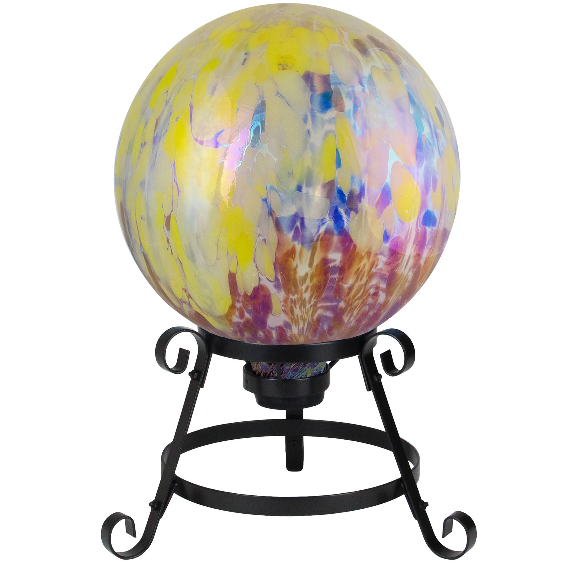10" Yellow and Blue Iridescent Reflective Glass Garden Gazing Ball ...