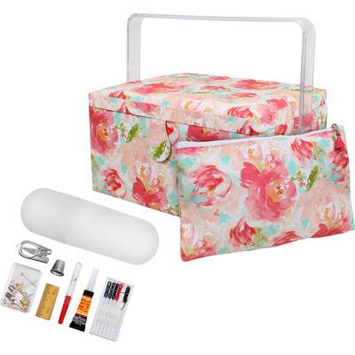 SINGER® Large Watercolor Floral Print Rolled Edge Sewing Basket with ...