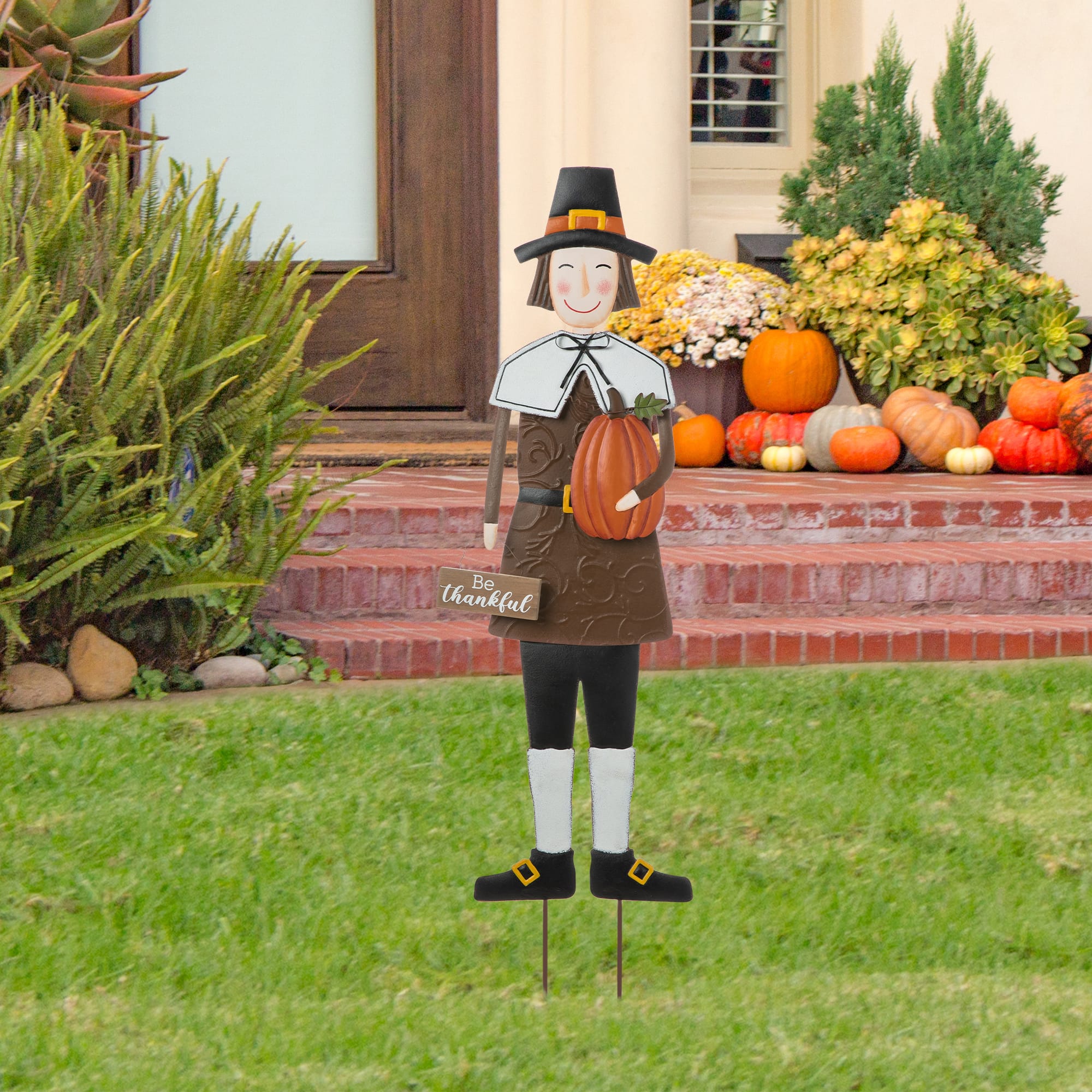 Glitzhome® 36" Metal Thanksgiving Pilgrim Boy Standing Or Hanging Yard ...